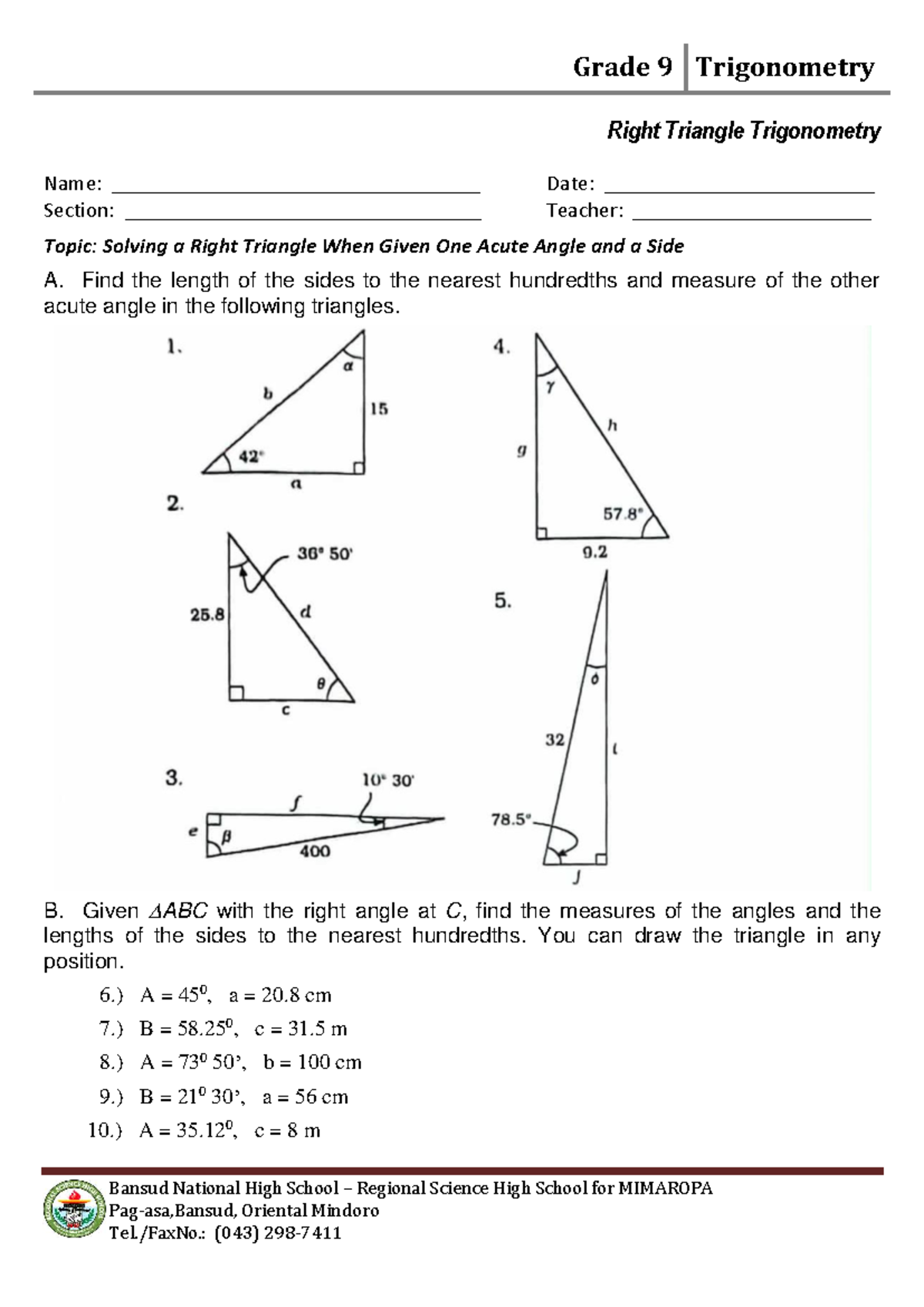 Grade 9 Trigonometry: Right Triangle Practice Problems - Studocu