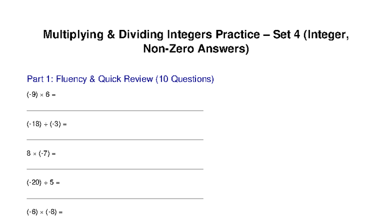 Multiplying and Dividing Integers Set4 Integer Non Zero - Multiplying & Dividing Integers - Studocu