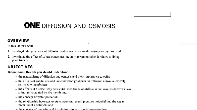 Diffusion and Osmosis Lab Overview (BIO 101) - Studocu