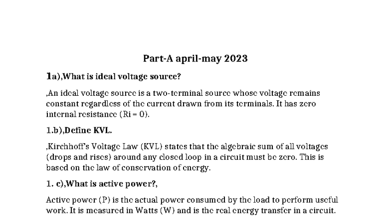 BEE IEE Part A April 2023: Key Concepts in Electrical Engineering - Studocu