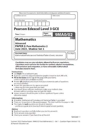 Mark Scheme for June 2023 Shadow Paper 9MA0 02 Pure Mathematics Set 1 ...