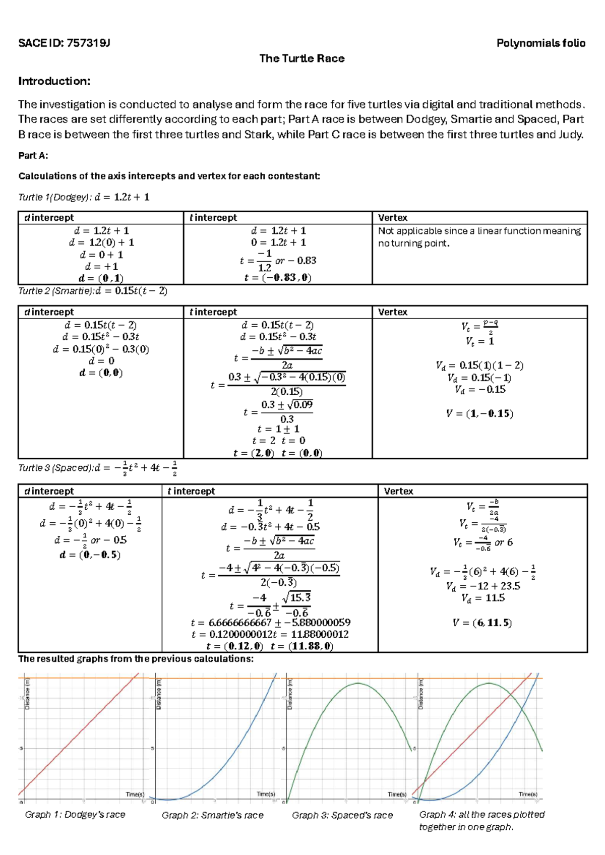 SACE ID: 757319J Polynomials Folio: Analysis of Turtle Race Dynamics ...