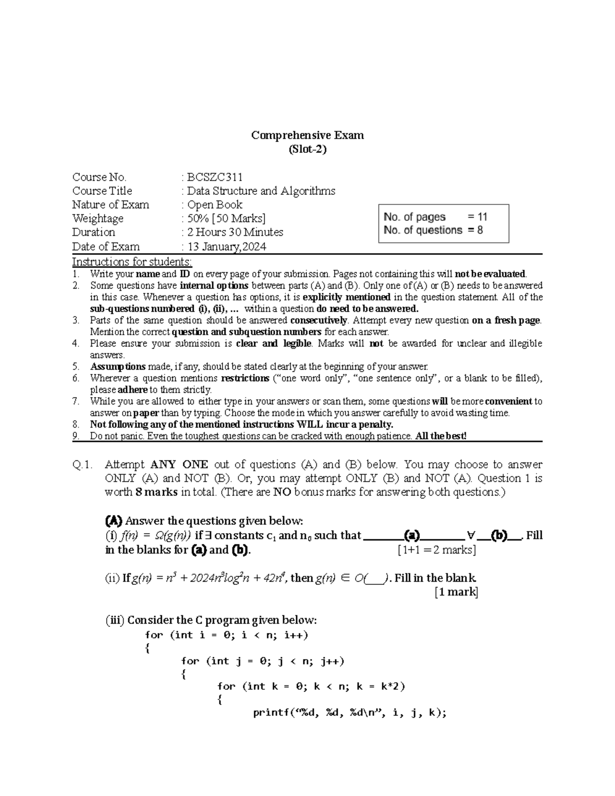 DSA Compre Paper 2 - Question bank - Birla Institute of Technology ...