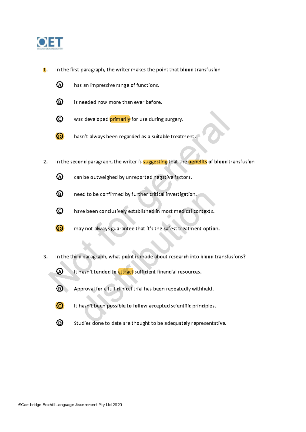 Reading Test C03: Blood Transfusion Insights and Analysis - Studocu