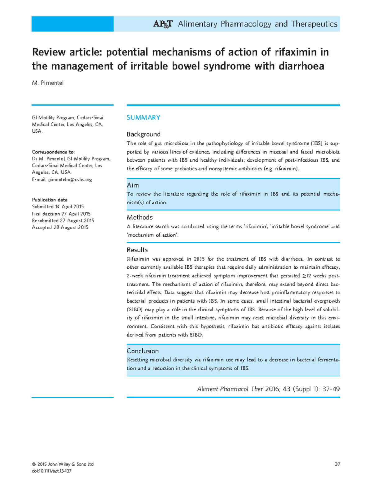 "Aliment Pharmacol Ther 2015: Rifaximin Mechanisms in IBS Management ...