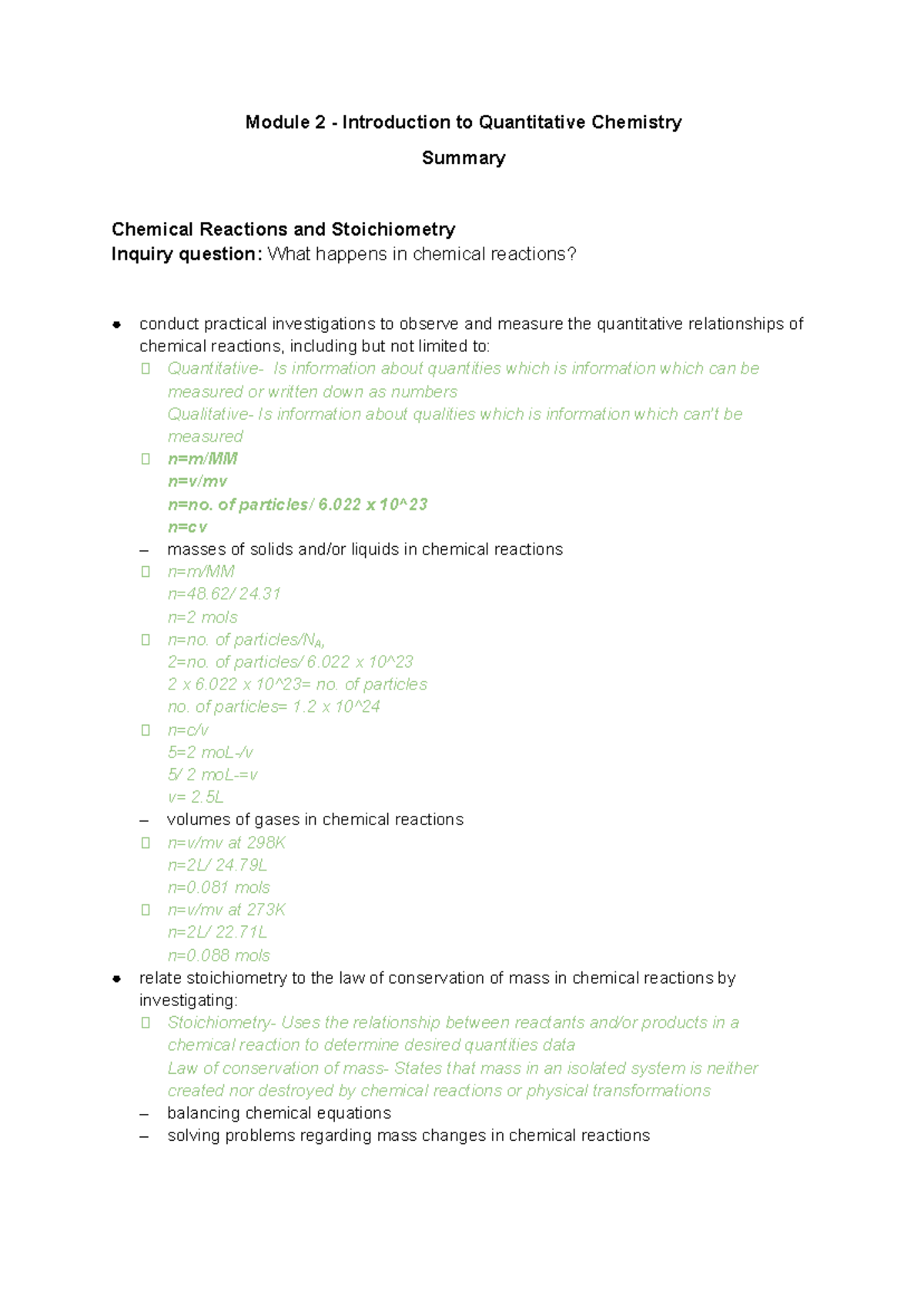 Module 2 summary - Module 2 - Introduction to Quantitative Chemistry ...