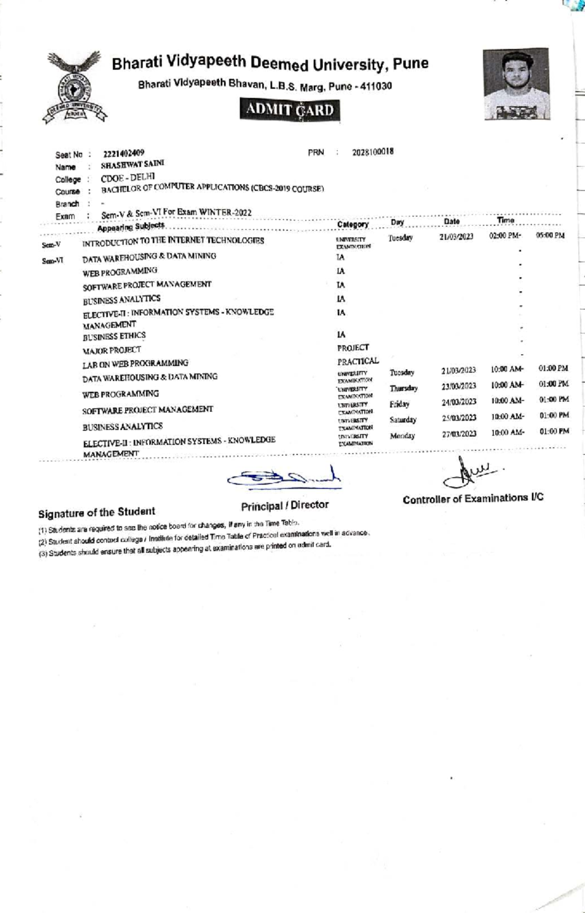 BCA 2028100018 Final Exam Admit Card - Shashwat Saini - Studocu