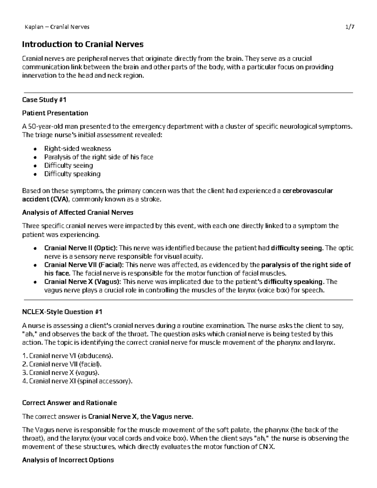 Kaplan - Case Study on Cranial Nerves and Stroke Symptoms - Studocu