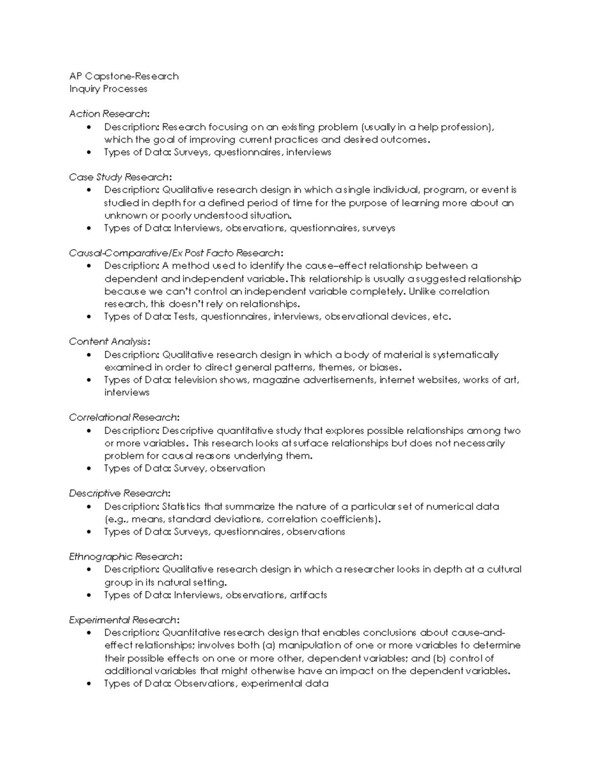 AP Capstone Research Inquiry Processes Overview: Methods & Data Types ...