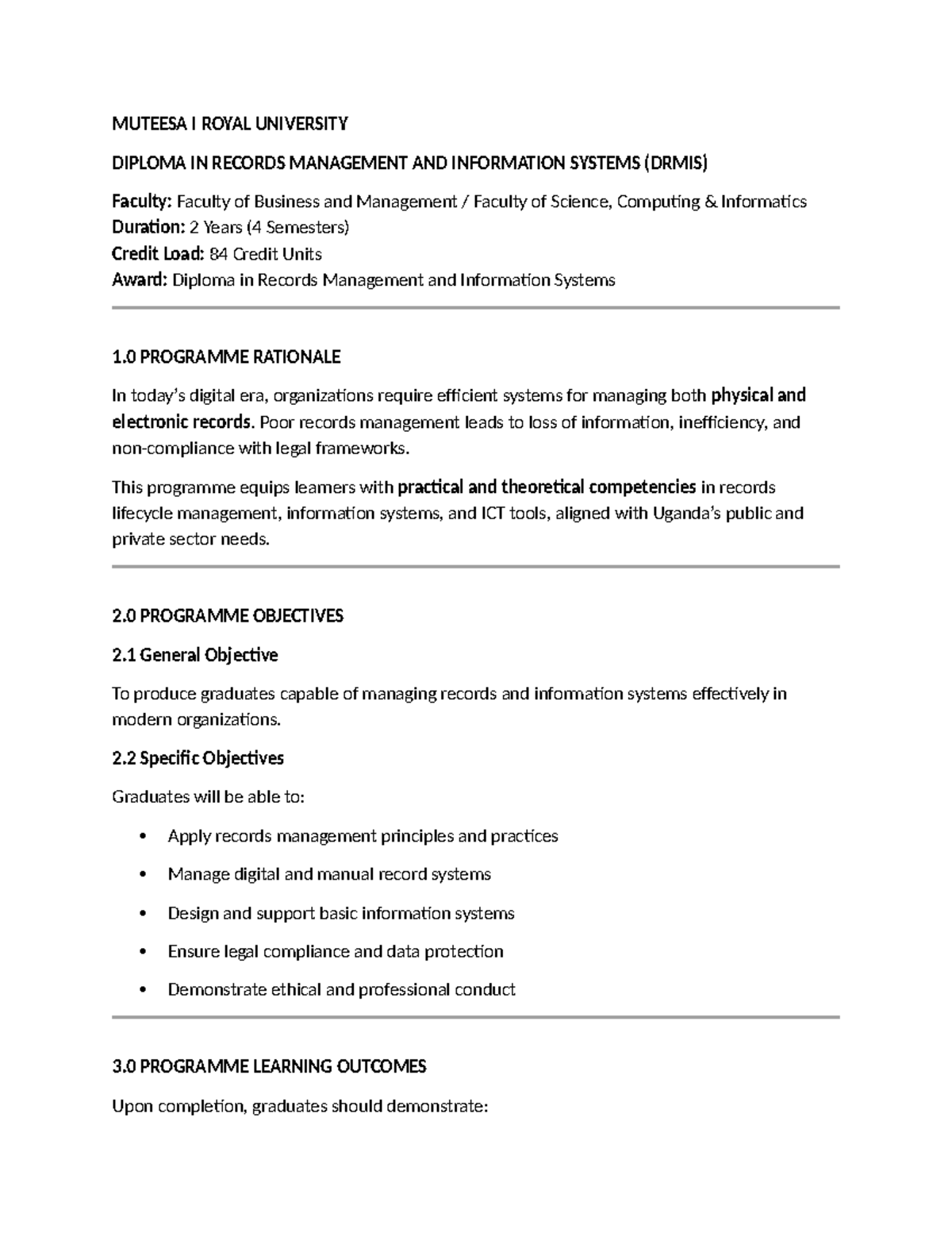 MUTEESA I ROYAL UNIVERSITY DRMIS Curriculum Overview and Course Details ...