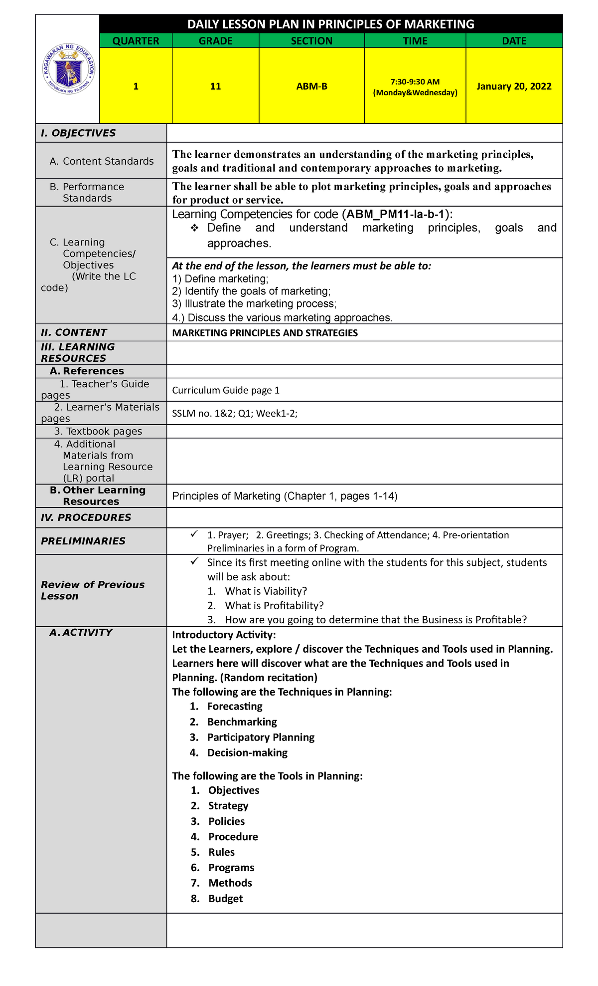 DLP Marketing Feb16, 2022 - DAILY LESSON PLAN IN PRINCIPLES OF MARKETING QUARTER GRADE SECTION ...
