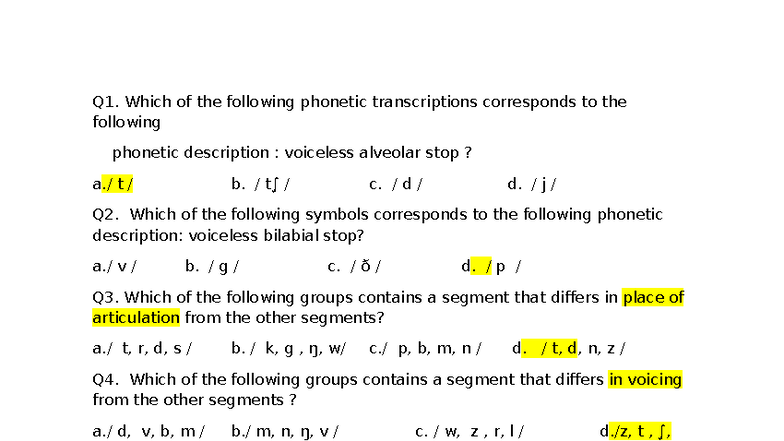 Phonetics Quiz: Voicing, Articulation, and Transcription (Course Code ...