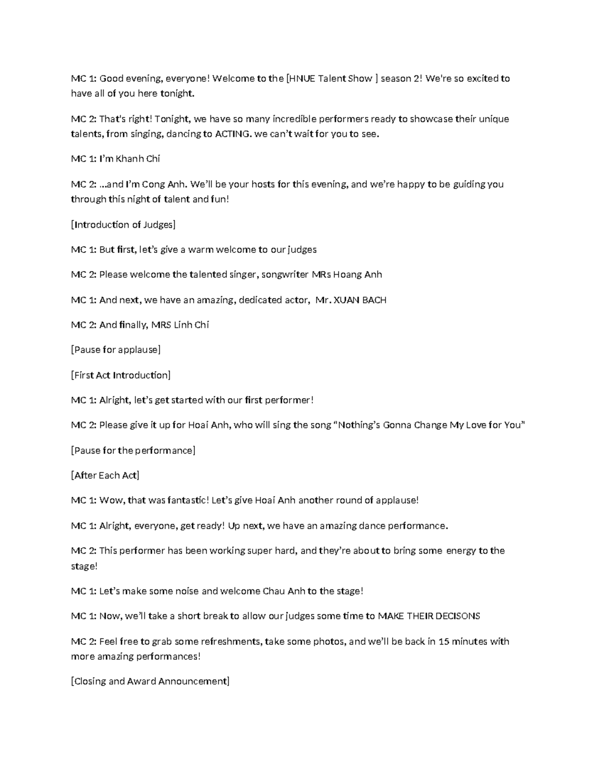 HNUE Talent Show Season 2 - MC Script and Performance Intro - Studocu