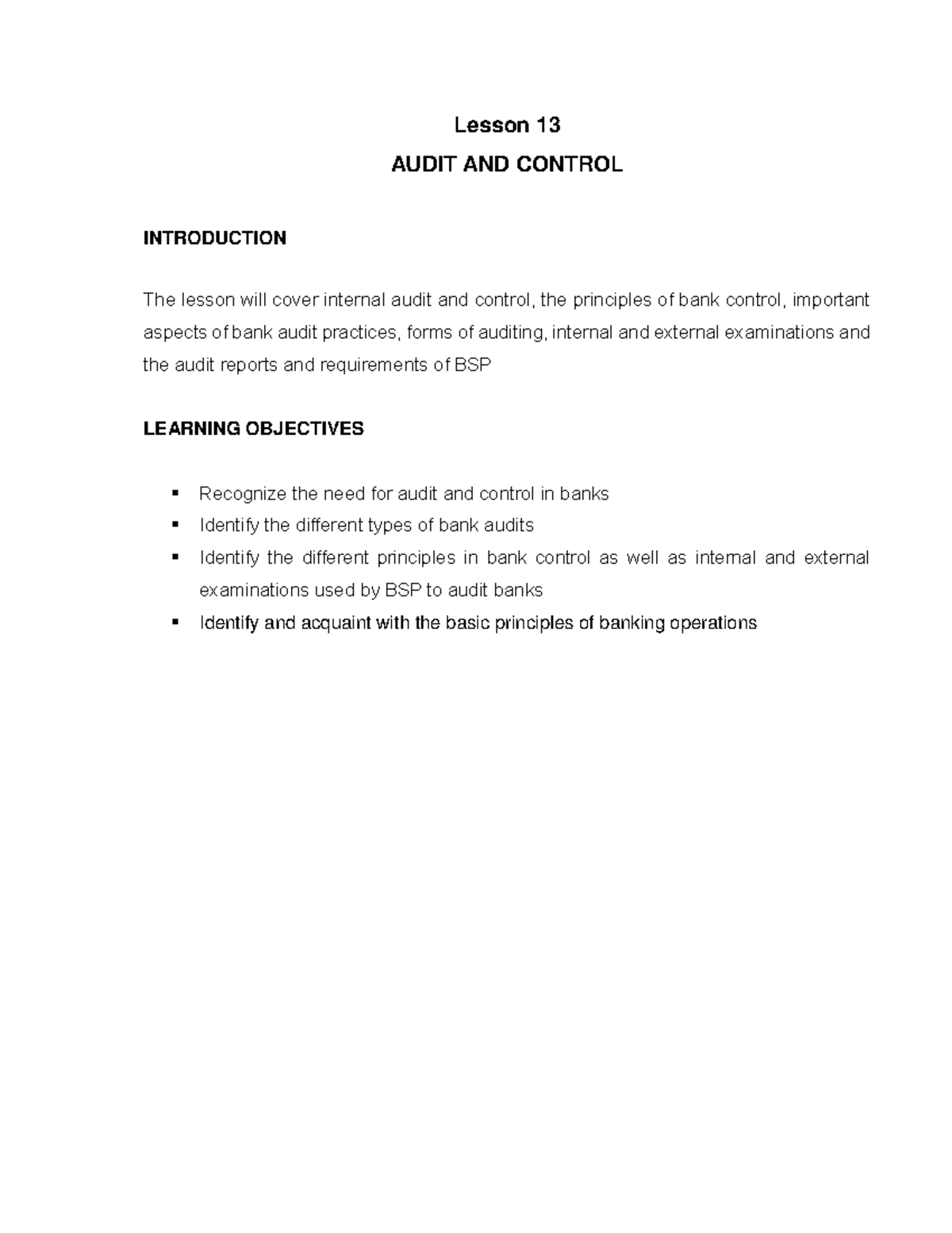 L13 Audit and Control: Key Principles and Practices in Banking - Studocu