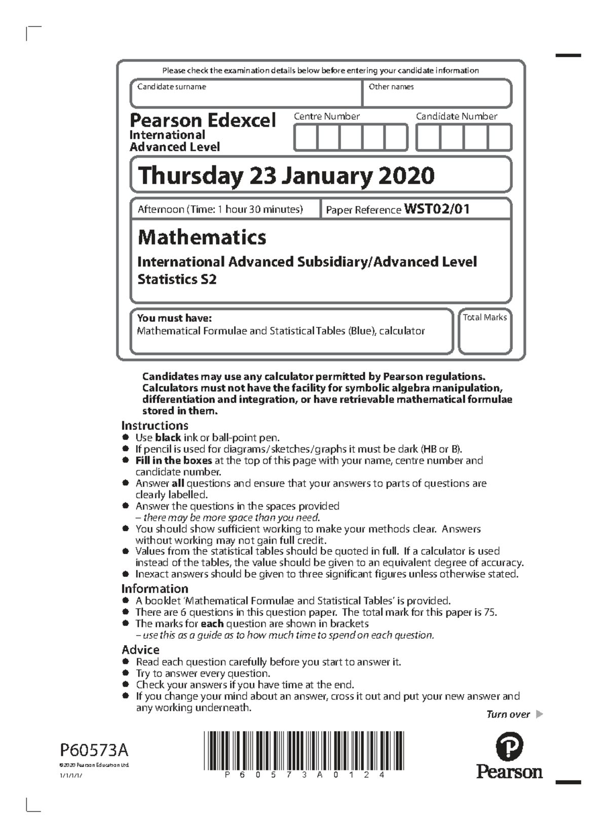 Mathematics IAL S2 January 2020 Exam Paper Details - Studocu