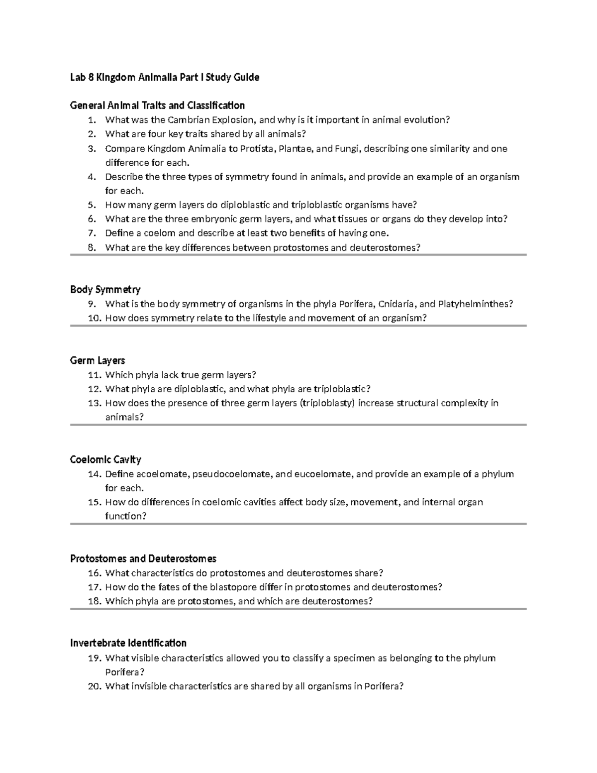Lab 8 - Kingdom Animalia Study Guide: Traits, Symmetry, and ...