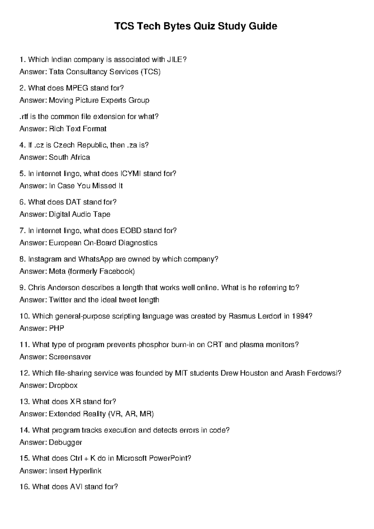 TCS Tech Quiz Study Guide: Key Concepts and Terms - Studocu