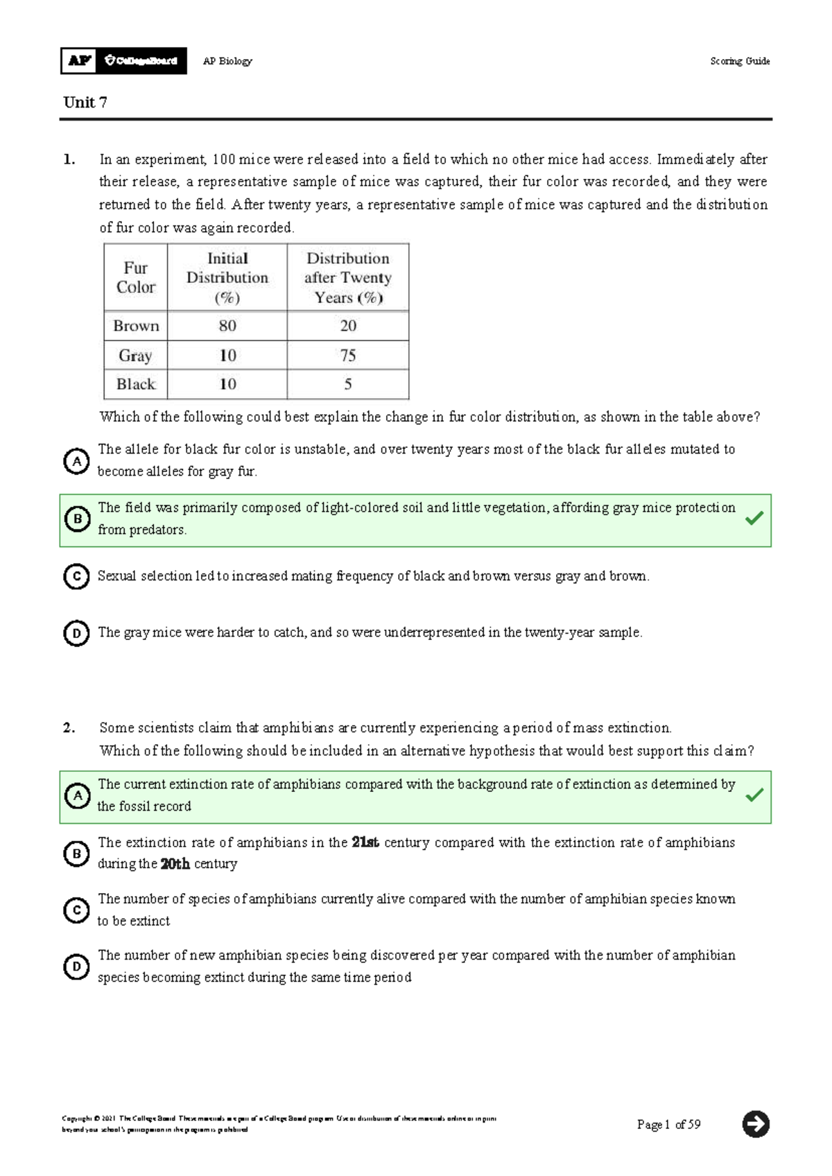 AP Biology Unit 7 MCQ Scoring Guide - Progress Check - Studocu