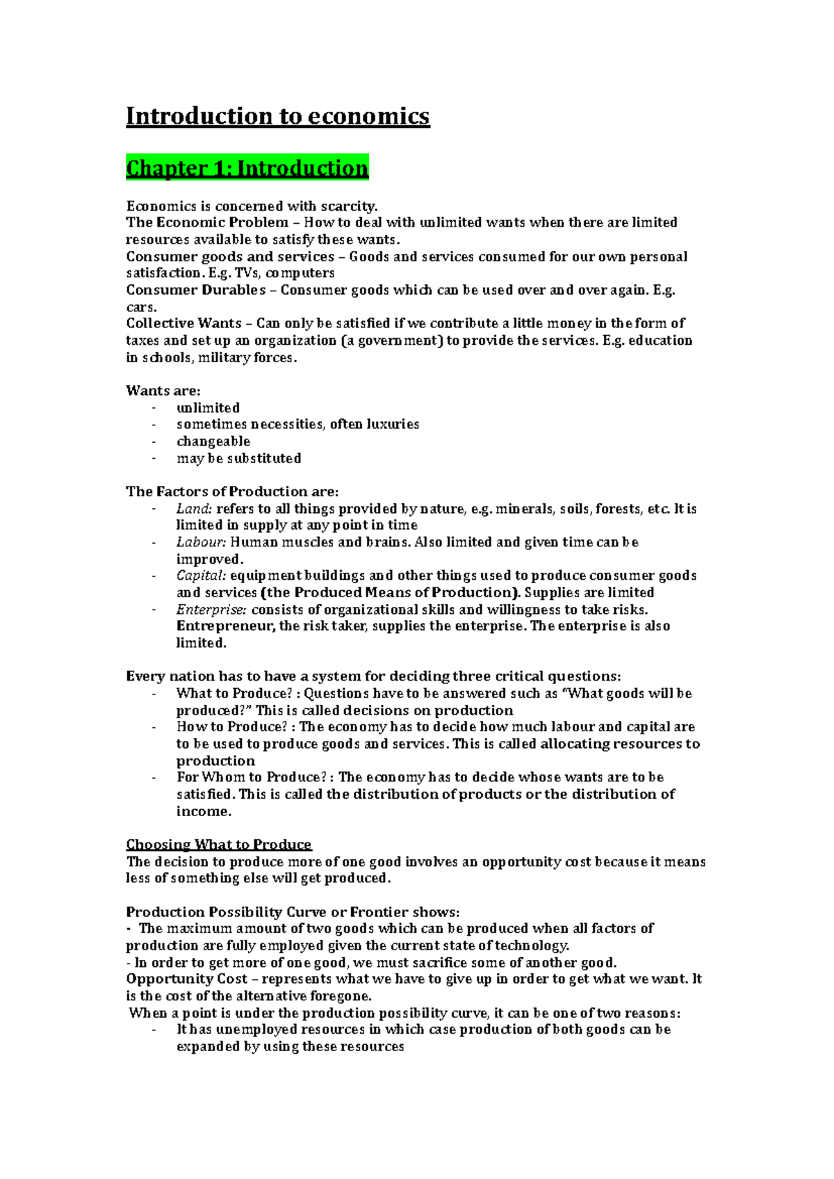 Introduction to Economics: Chapter 1 - The Economic Problem (ECO101) - Studocu