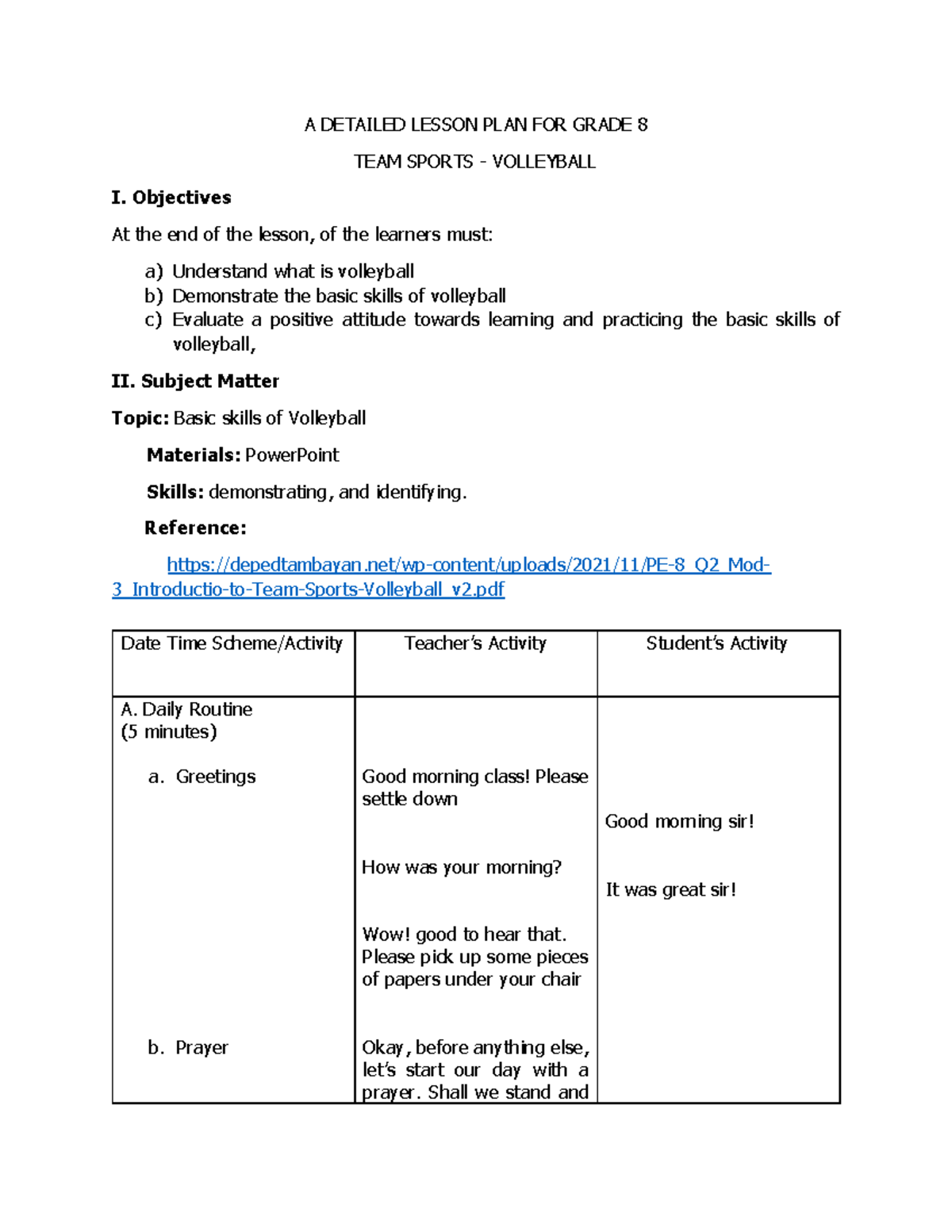 Grade 8 PE Lesson Plan: Team Sports - Volleyball Basics - Studocu