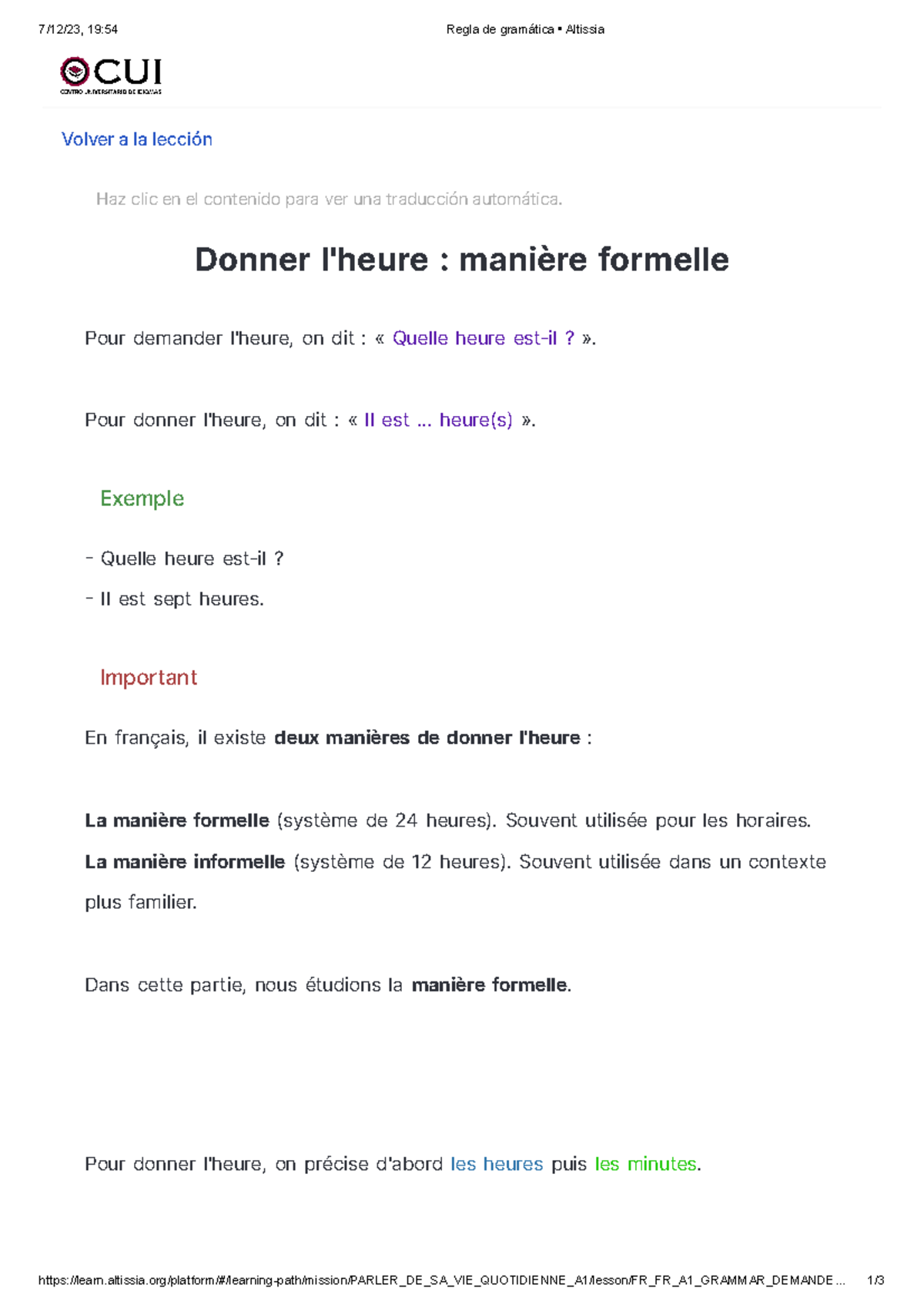 Regles de Grammaire: Donner l'Heure en Français - A1 - Studocu