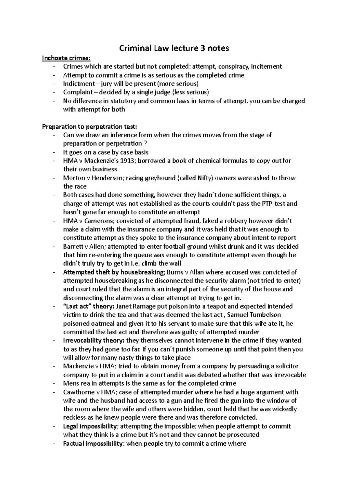Criminal Law Lecture 3 Notes: Inchoate Crimes Explained - Studocu