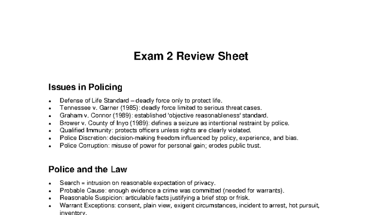 Exam 2 Review Sheet: Policing, Law & Adjudication Issues - Studocu
