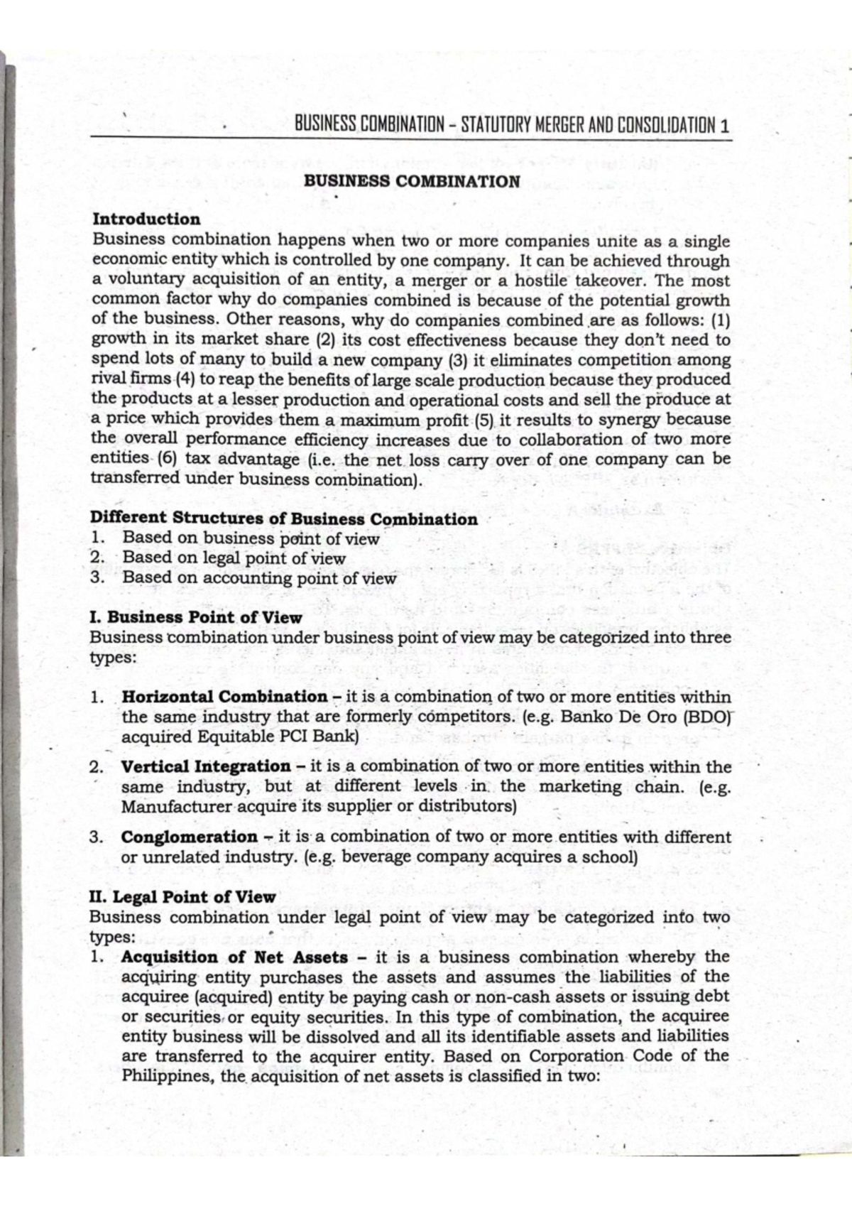 BUSINESS COMBINATION STATUTORY MERGER AND CONSOLIDATION 1: A ...