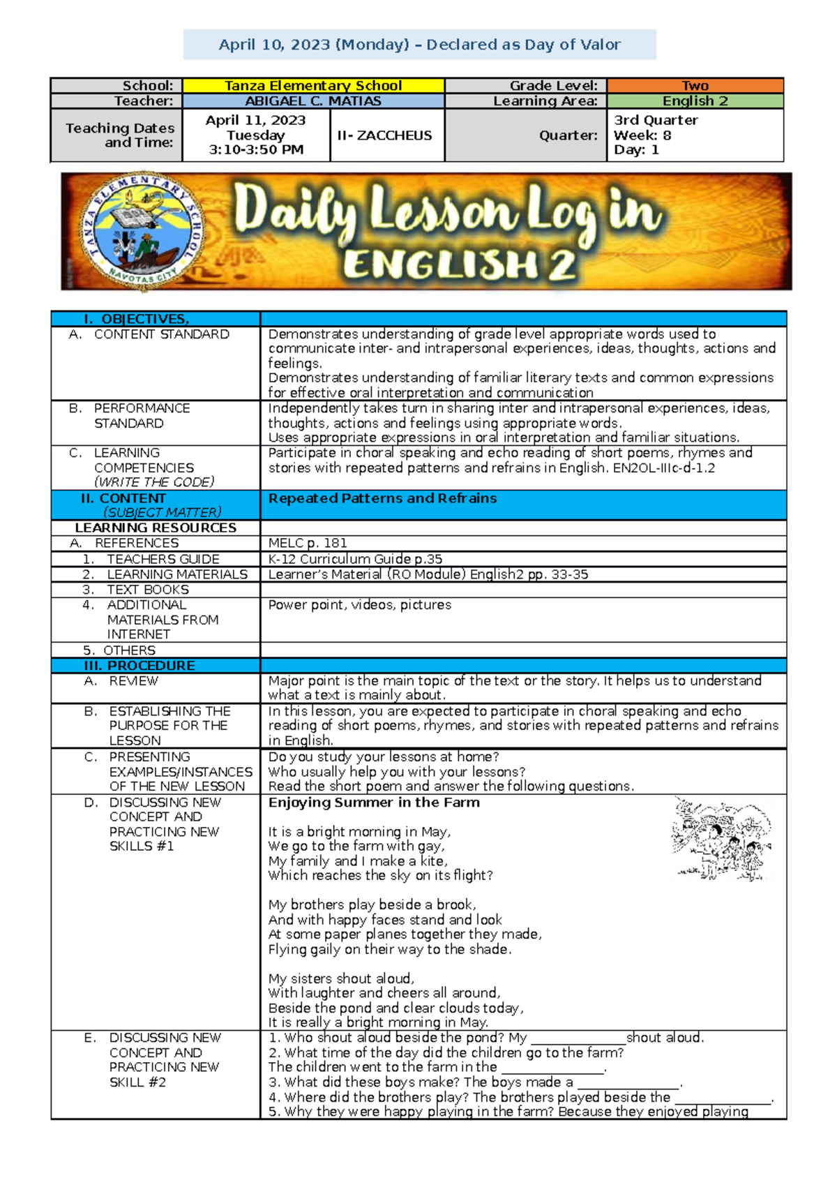 English 2 Q3 W8 Lesson Plans: Choral Speaking & Echo Reading - Studocu