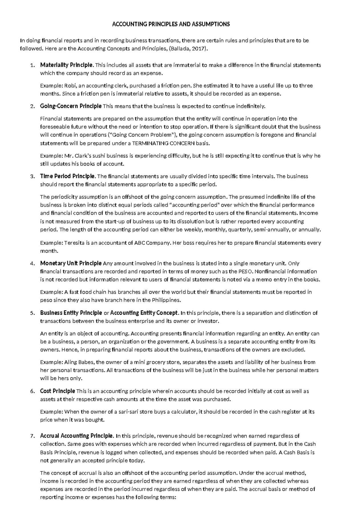 Accounting Principles and Assumptions for Financial Reporting - Studocu