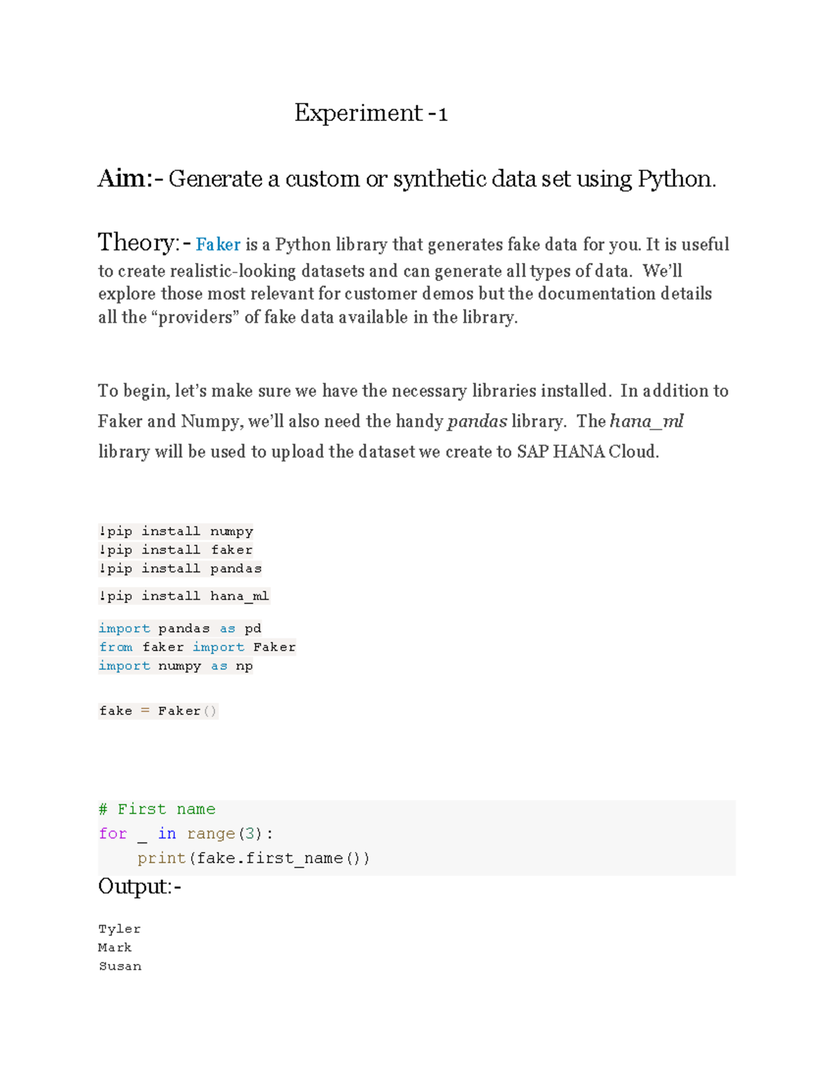 AI in HC -1: Custom Data Set Generation Using Python & Faker - Studocu