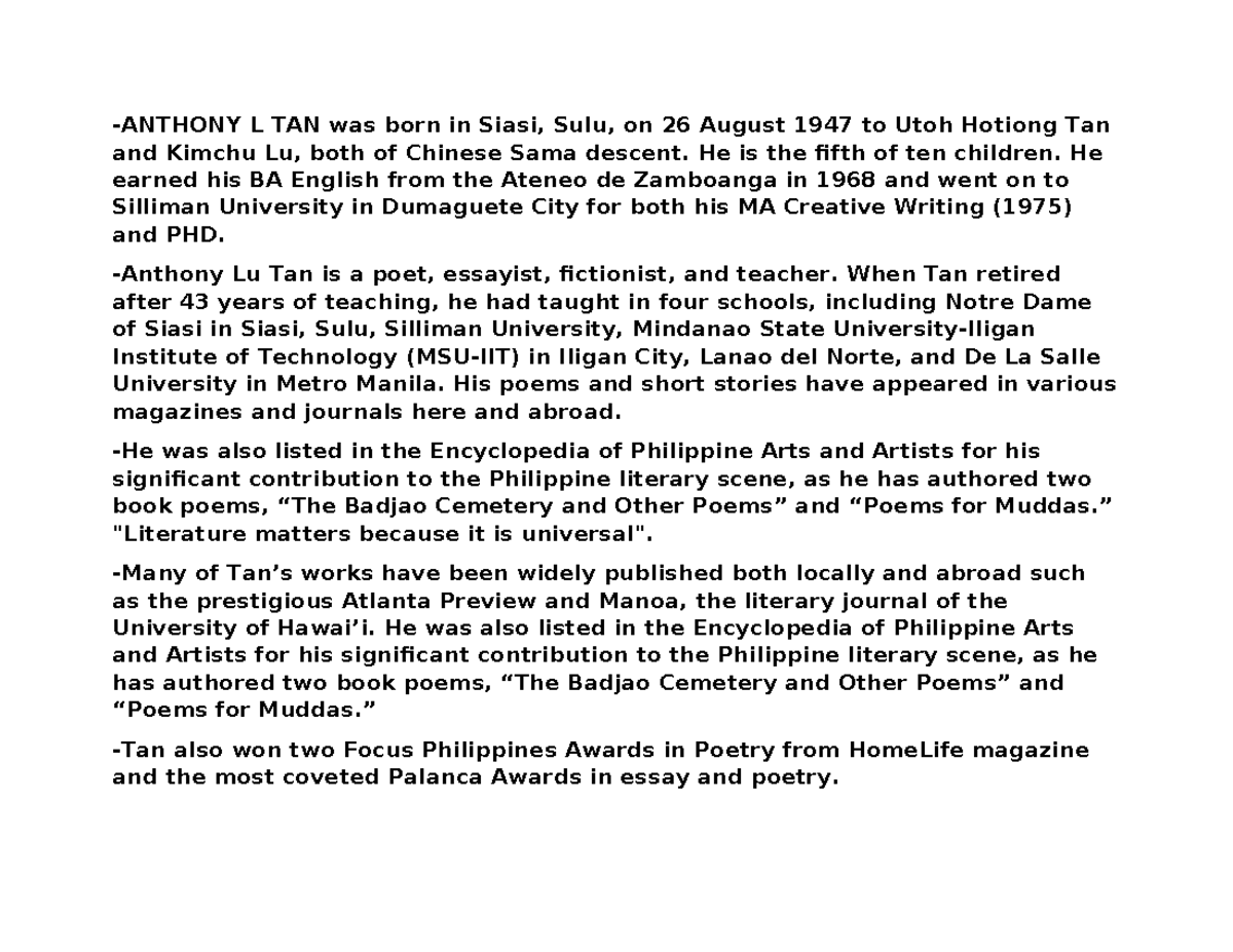 Anthony L. Tan: Contributions to Phil. Literature & Arts (ENG-101 ...