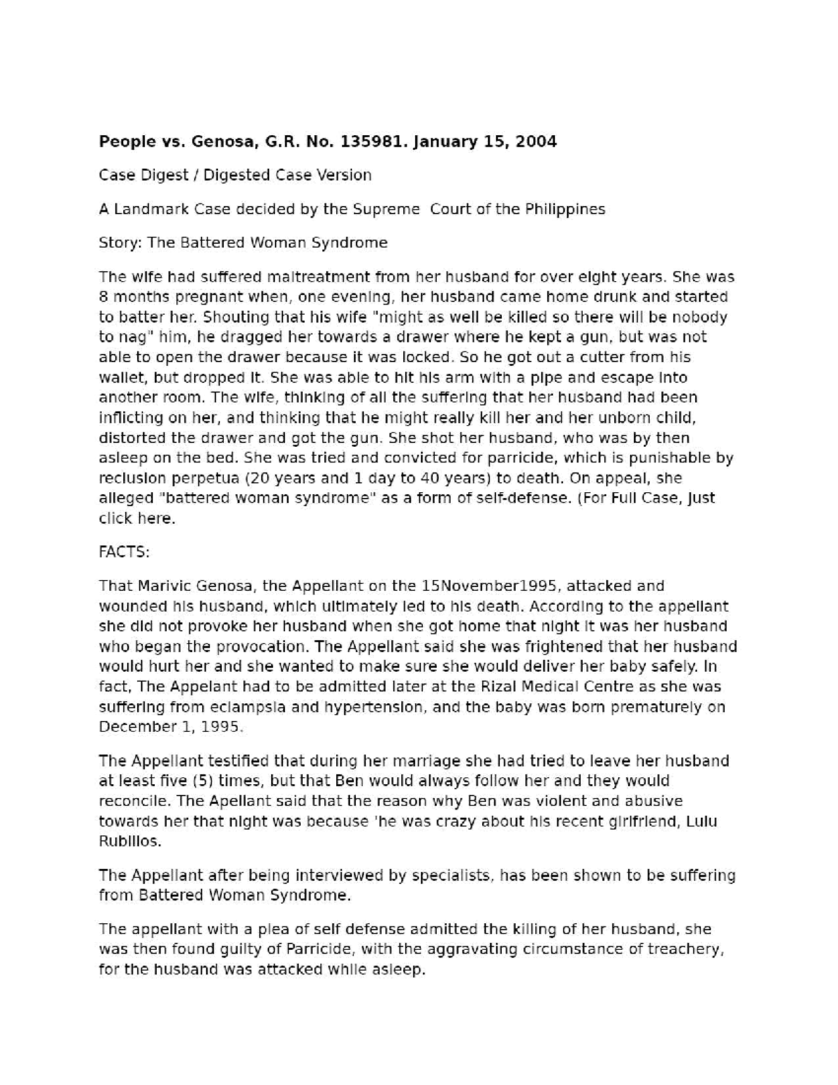 People vs. Genosa - LECTURE NOTES on Battered Woman Syndrome - Studocu