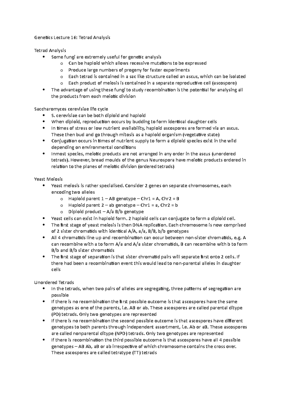 Genetics 16 Lecture Notes: Insights into Tetrad Analysis Techniques ...