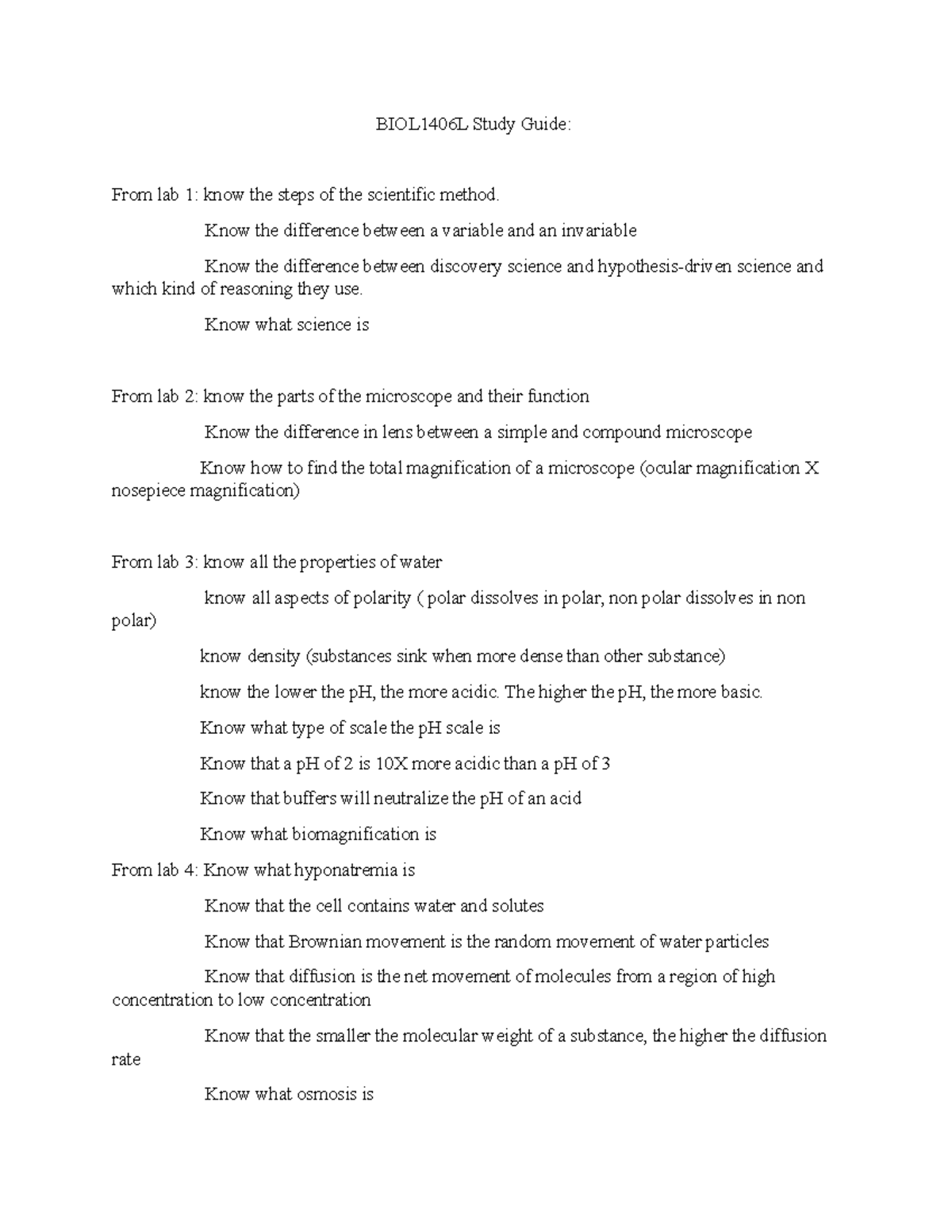 BIOL1406L Midterm Lab Study Guide: Key Concepts and Methods - Studocu