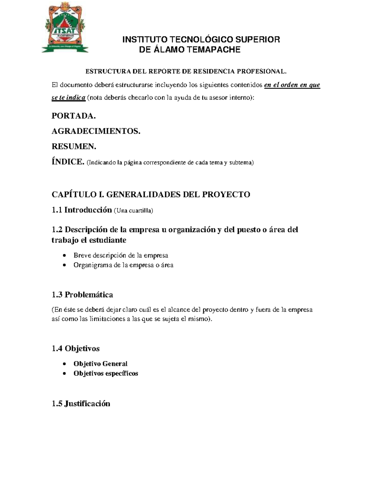 Estructura del Informe de Residencias Profesionales - ITSA 2023 - Studocu