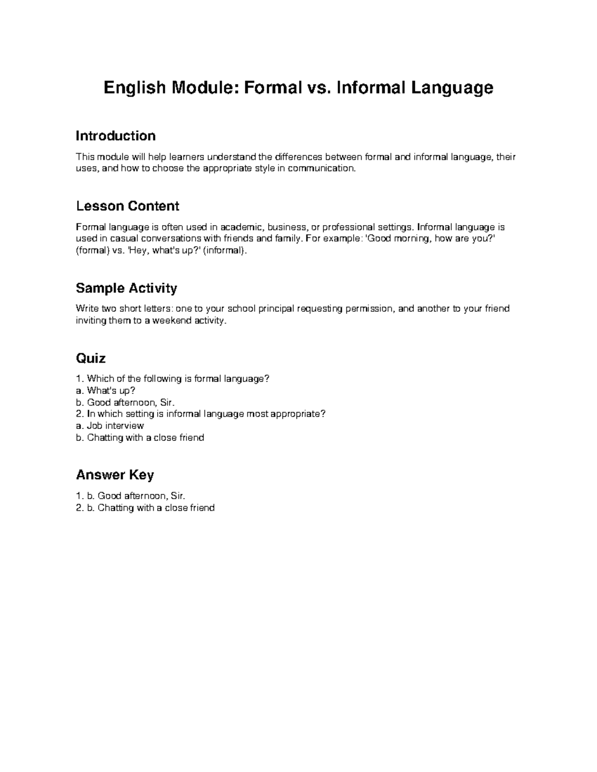 English Module: Formal vs. Informal Language Lesson - Studocu