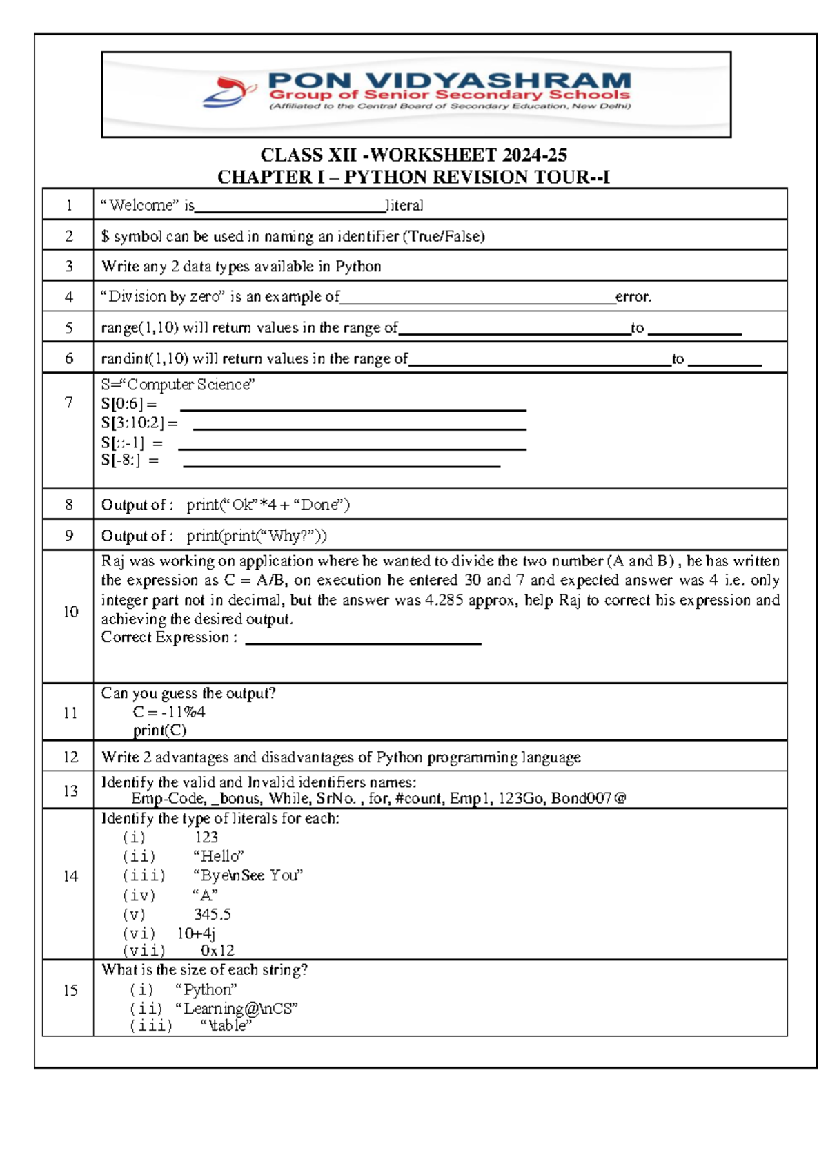 "STD XII C.S - Python Revision Tour I Worksheet 2024-25" - Studocu