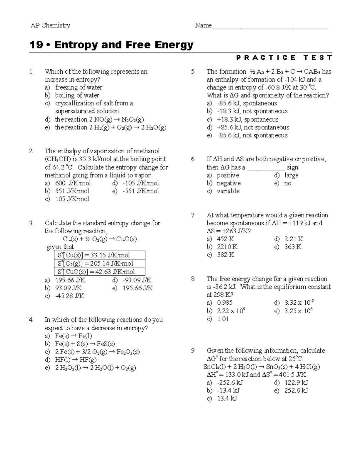 AP Chemistry Practice Test: Entropy and Free Energy - Studocu