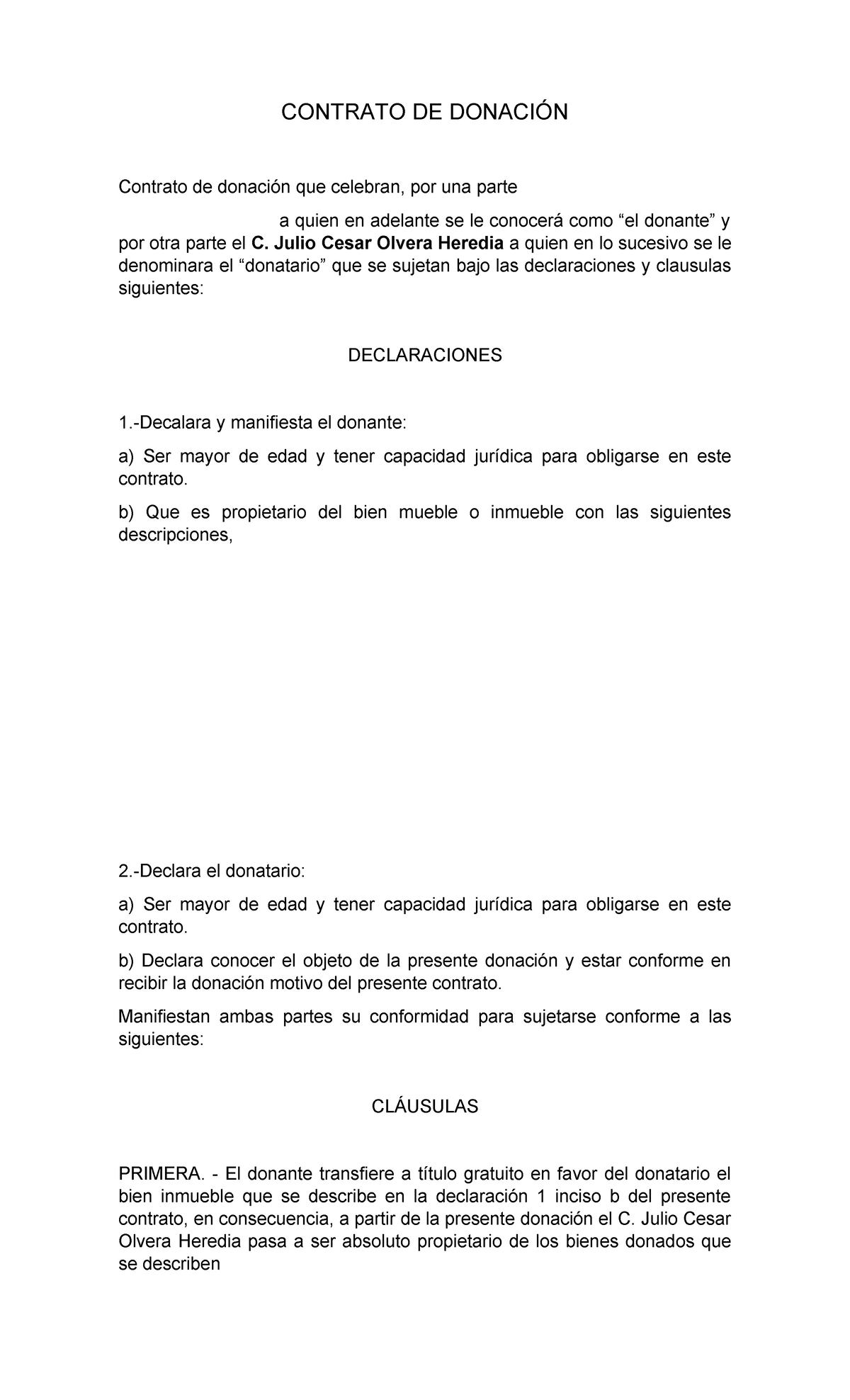 Contrato de Donación Simple: C. Julio Cesar Olvera Heredia - Studocu