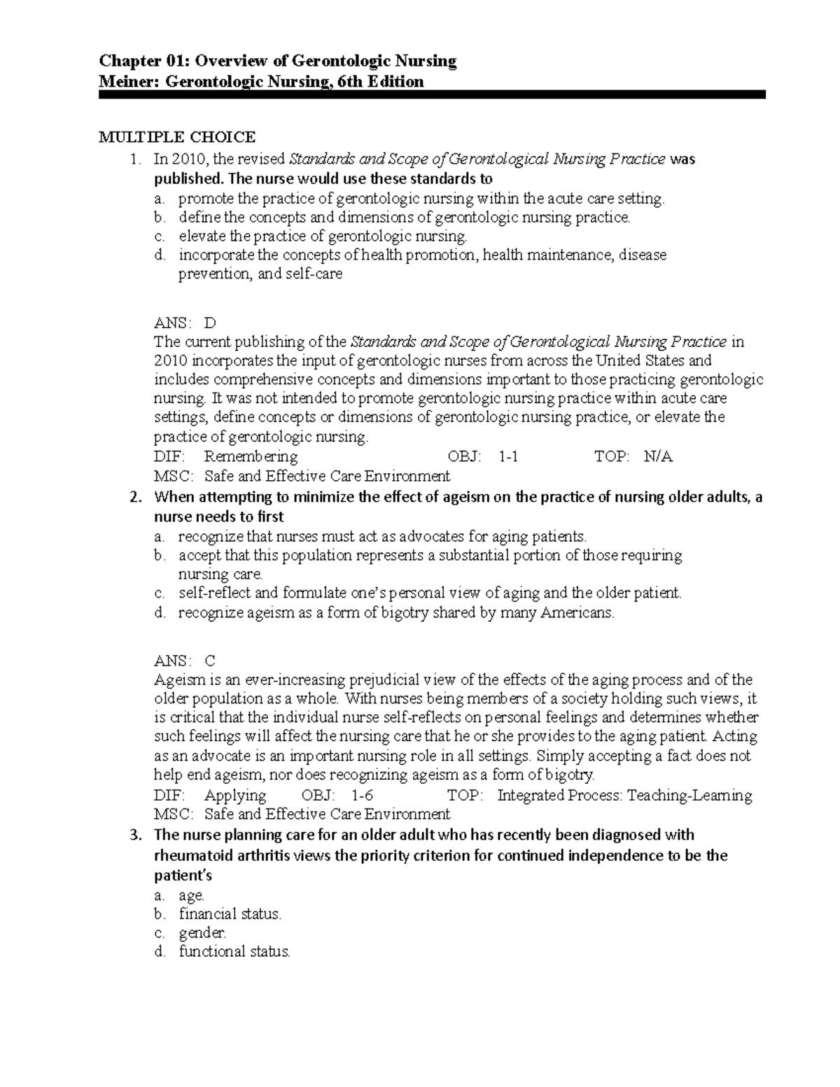 Chapter 1: Overview of Gerontologic Nursing - Key Concepts and MCQs ...