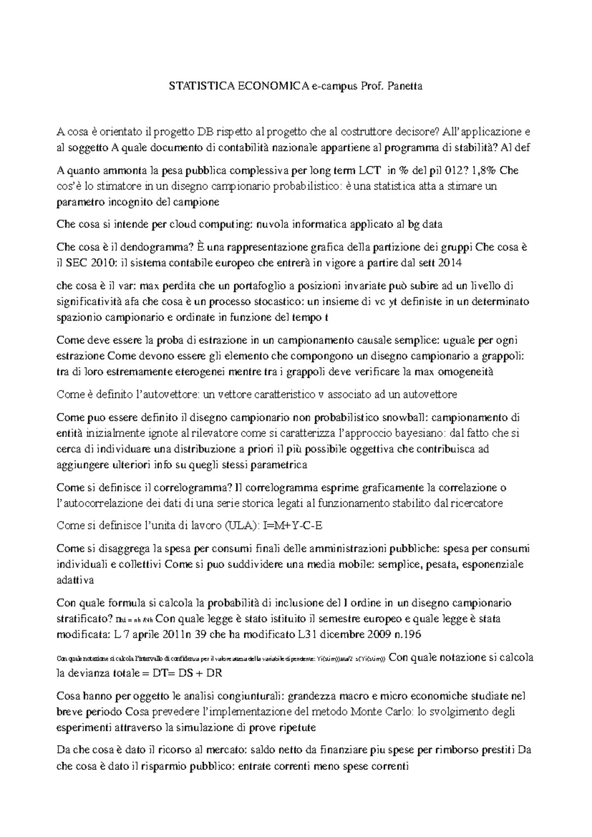 Statistica Economica - Master A46: Domande e Risposte Aggiornate - Studocu