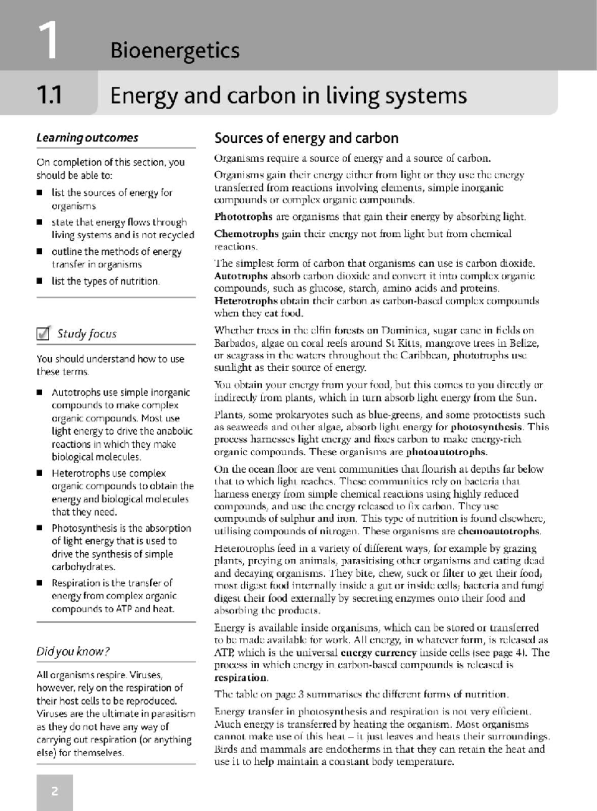Bio Study Guide Unit 2 - 1 Bioenergetics 1 Energy and carbon in living ...