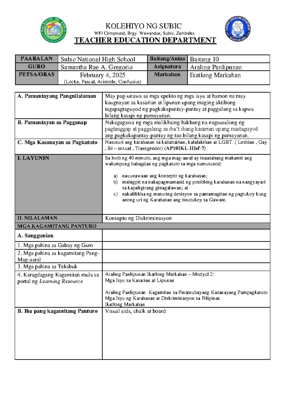 Karahasan detailed lesson plan - KOLEHIYO NG SUBIC WFI Compound, Brgy ...