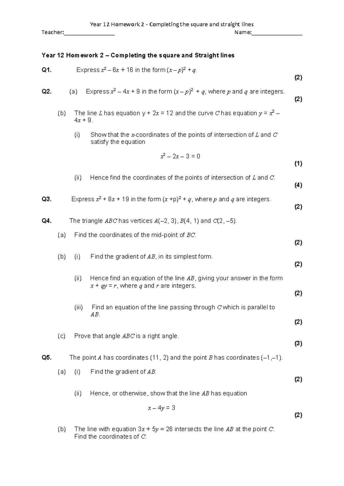 Year 12 Homework 2: Completing the Square & Straight Lines - Studocu