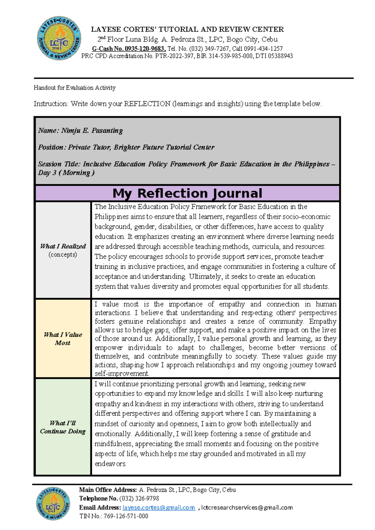 DAY 3 Reflection Journal on Inclusive Education Policy Framework - LCTC ...