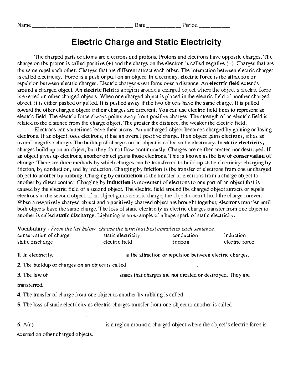 Electric Charge and Static Electricity Reading Handout (PHY101) - Studocu