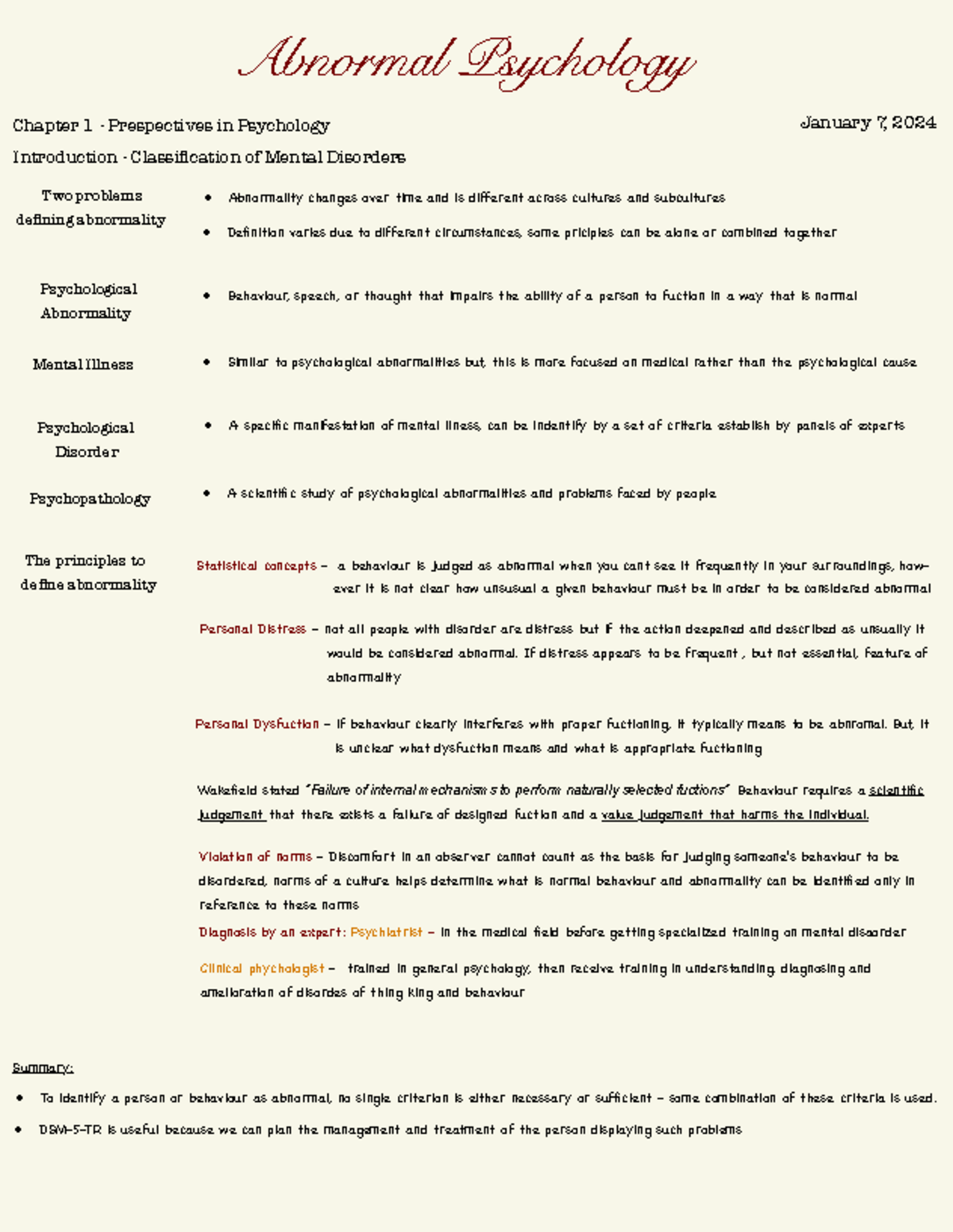 Abnormal Psychology (PSY101) - Chapter 1: Perspectives & Classification ...