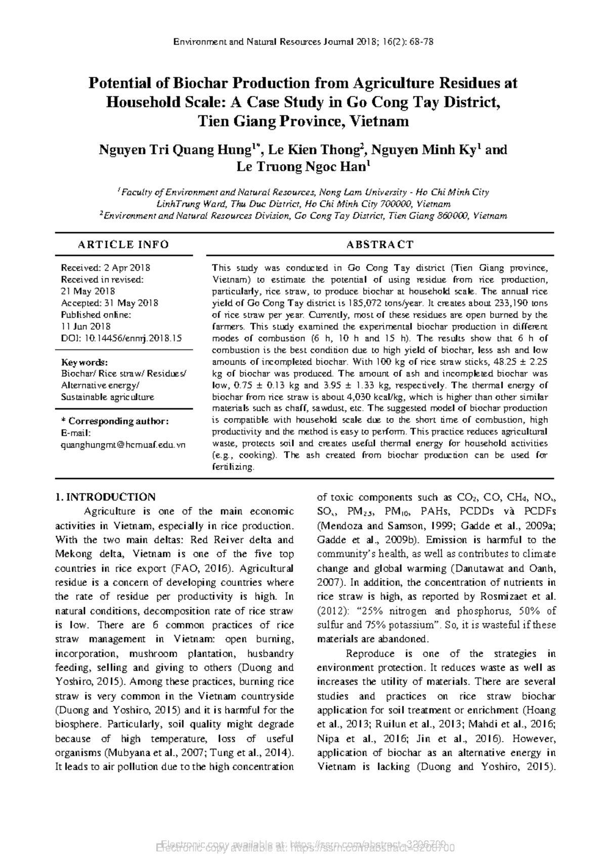 Biochar Production from Rice Straw: A Case Study in Go Cong Tay ...