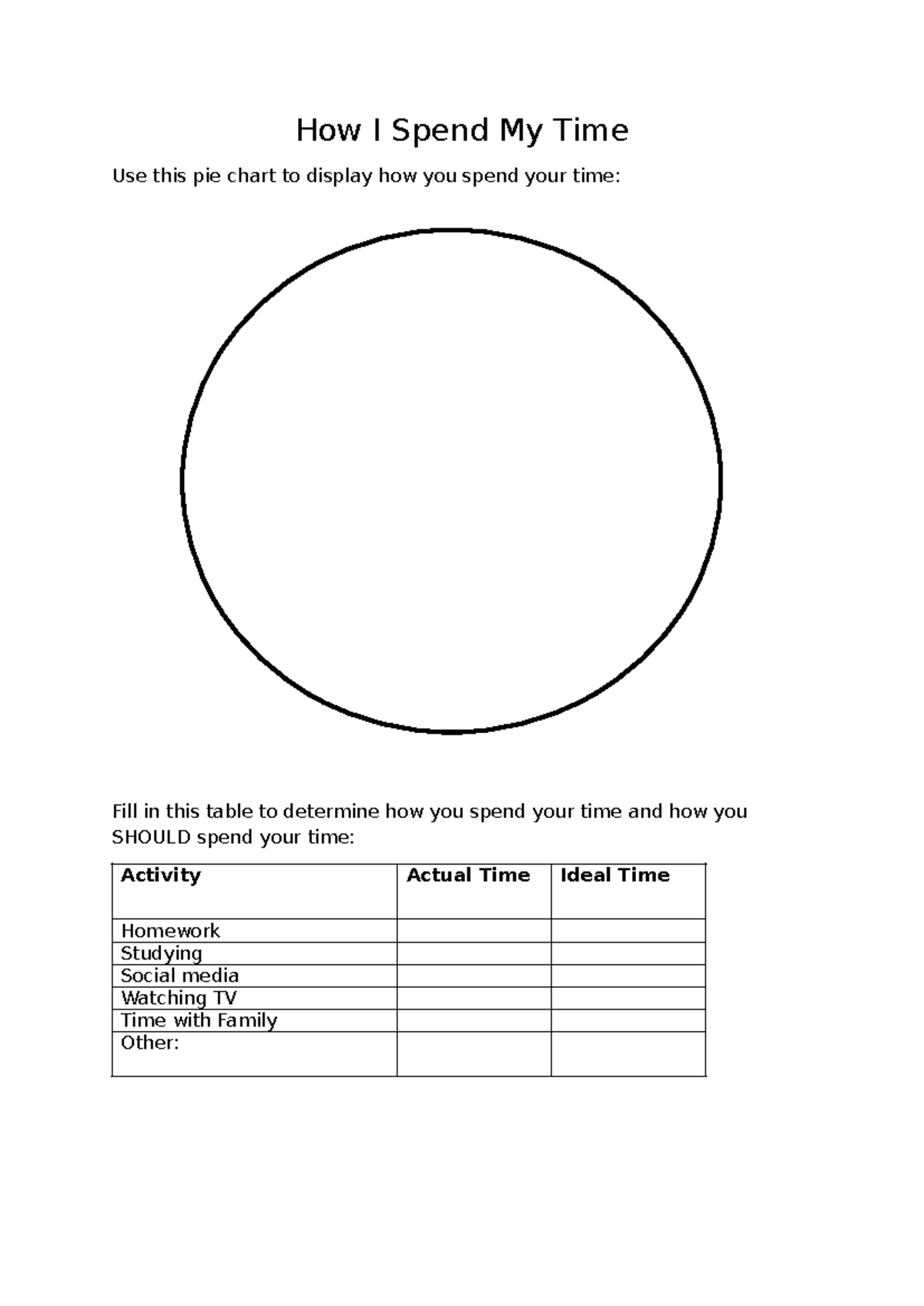 Grade 9 Time Managemnt Activity - How I Spend My Time Use this pie ...